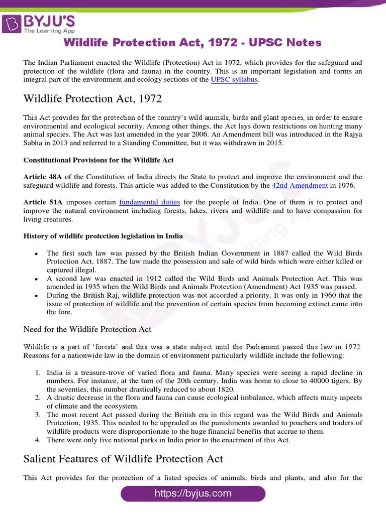 Overview of Wildlife Protection Act 1972 | PDF | Wildlife | Endangered ...