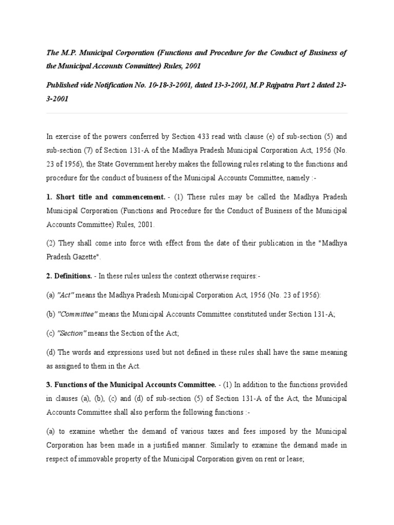 The M.P. Municipal Corporation (Functions and Procedure For The Conduct ...