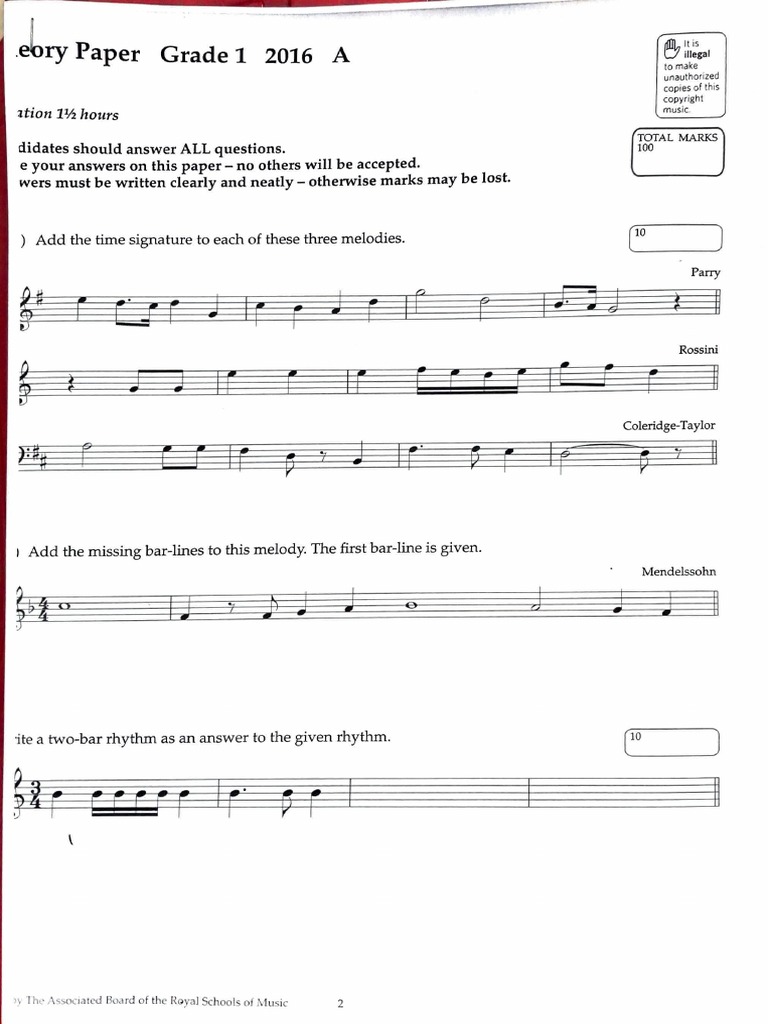 ABRSM Grade 1 Theory Exam Paper 2016 | PDF | Performing Arts | Musical ...