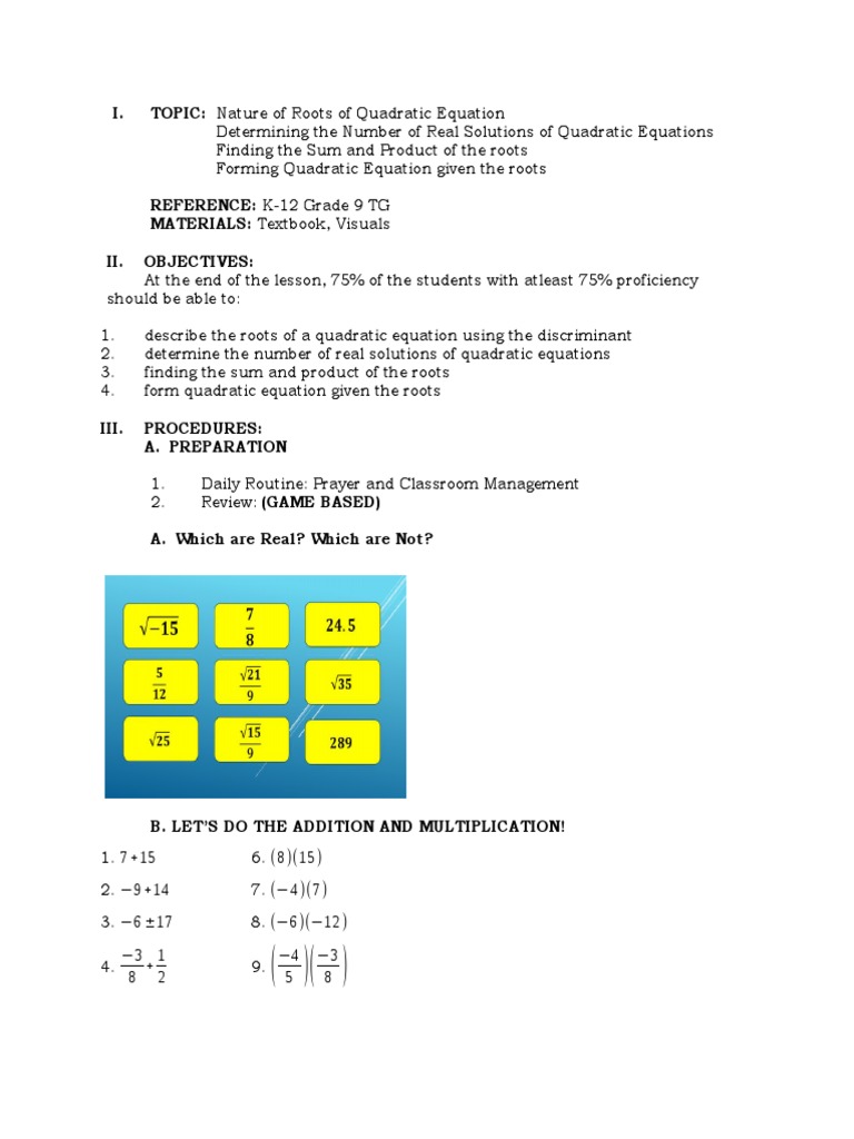 MJ Lesson Plan Grade 9 | PDF | Quadratic Equation | Numbers