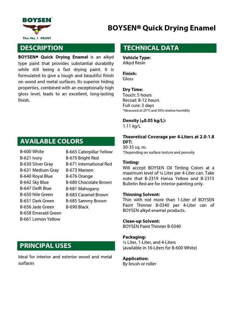 Description Technical Data: BOYSEN® Quick Drying Enamel | PDF | Paint ...