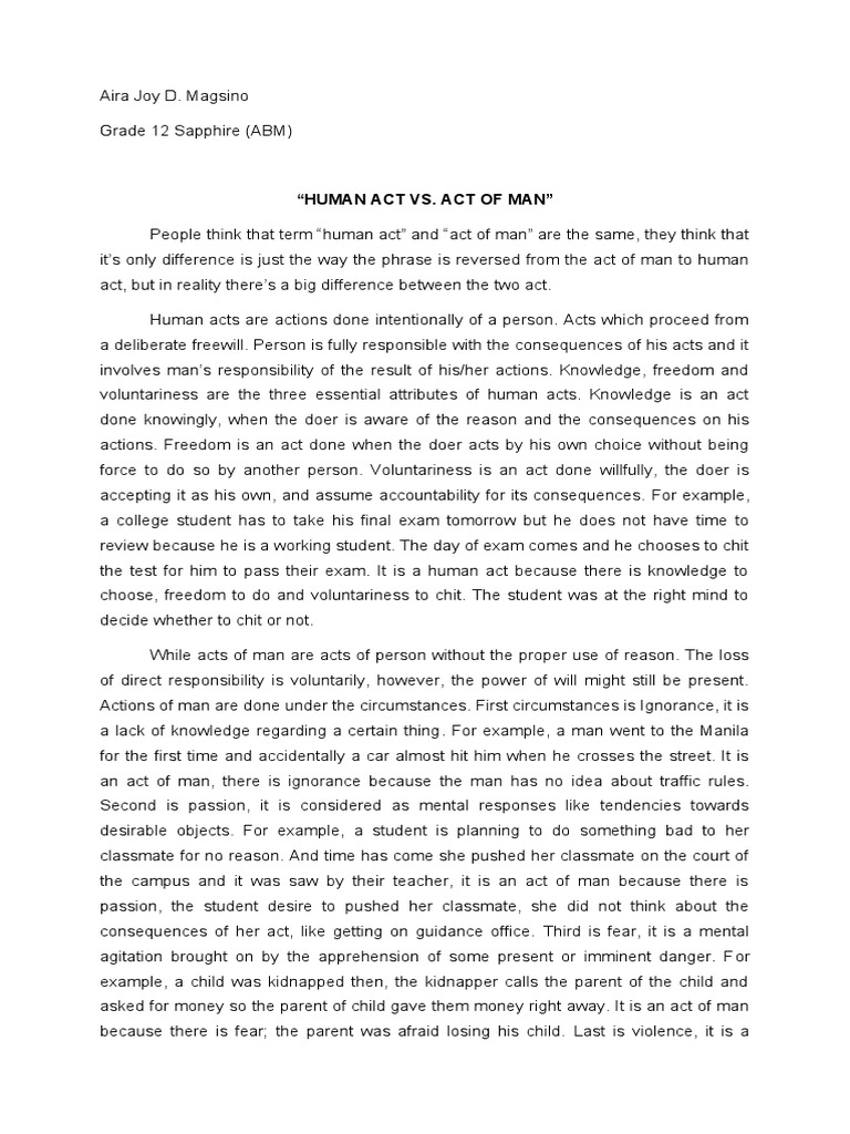 Differences Between Human Acts and Acts of Man | PDF | Reason | Kidnapping