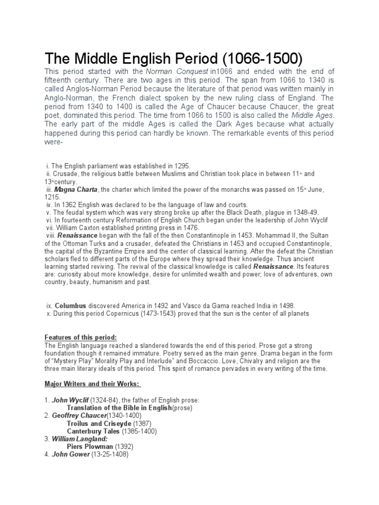 The Development of English Literature During the Middle English Period ...