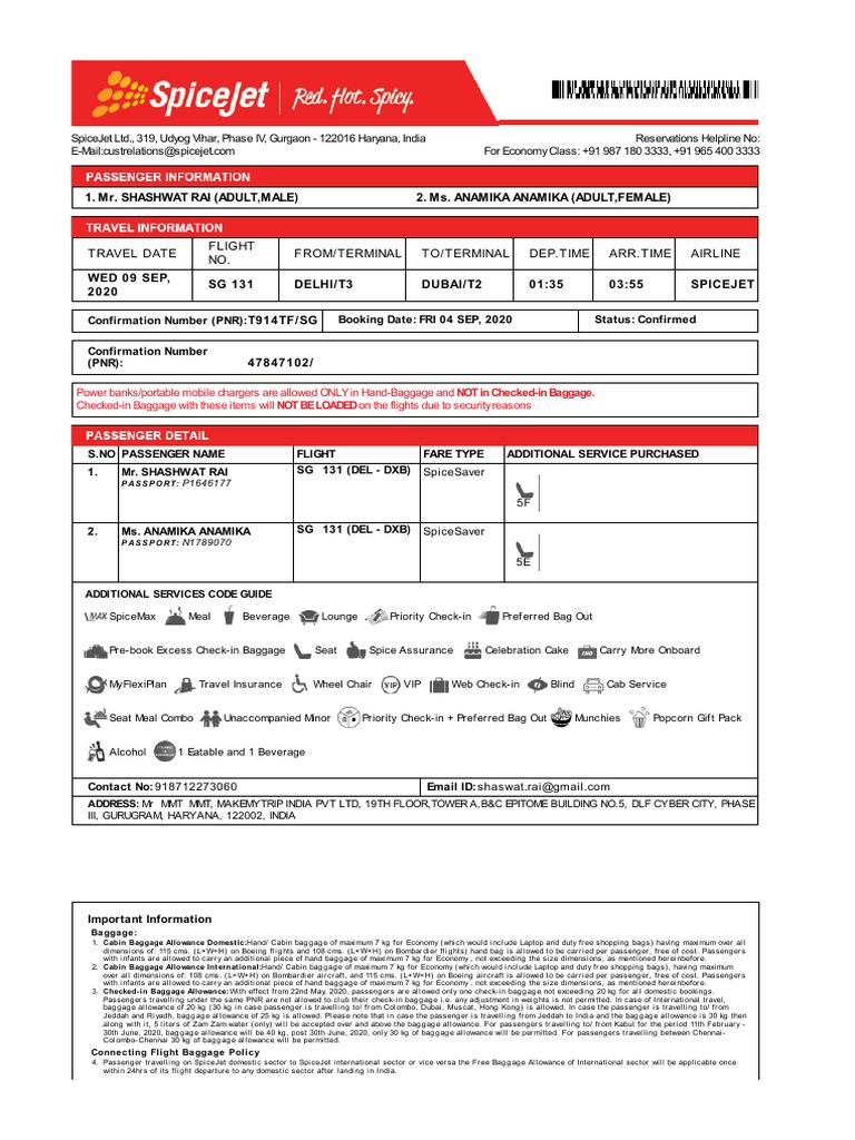 SpiceJet - E-Ticket - PNR T914TF - 09 Sep 2020 Delhi-Dubai For MR. RAI ...