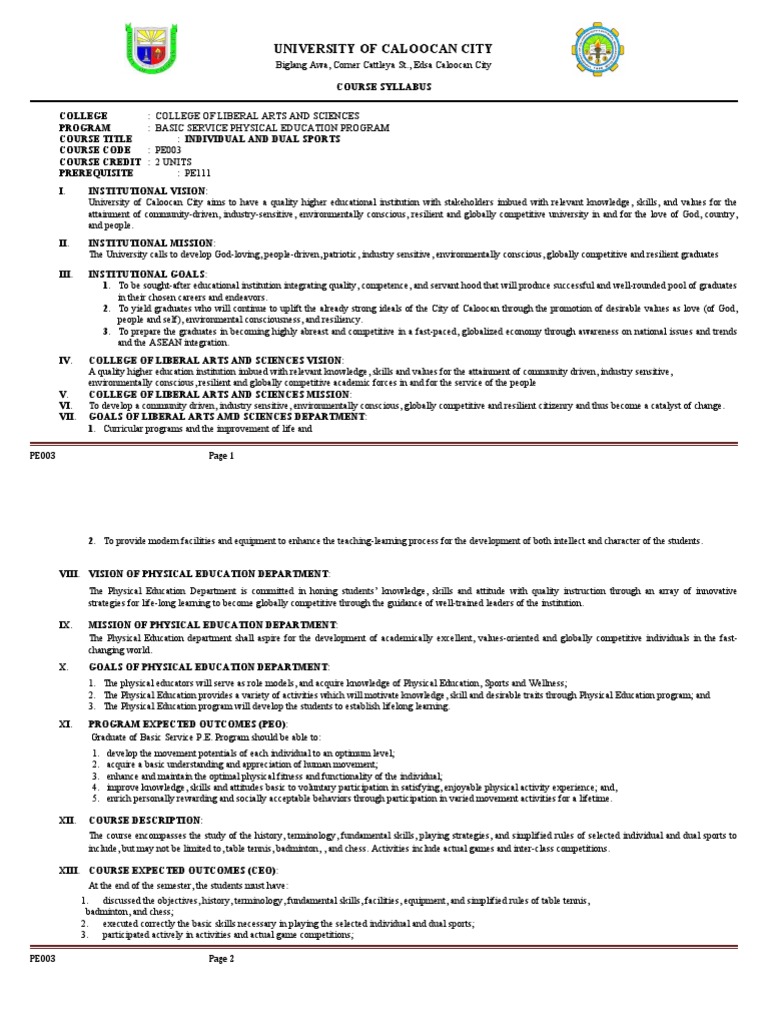 Individual and Dual Sports Syllabus: Objectives, Content, and ...