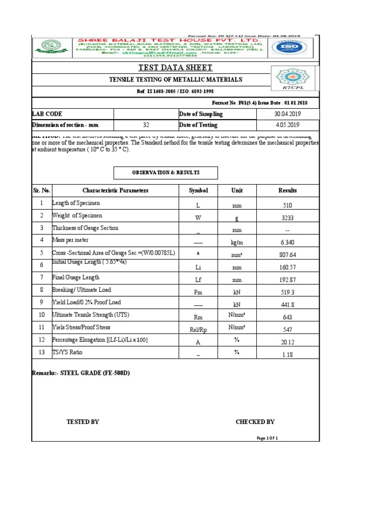 Test Data Sheet: Ref: IS 1608-2005 / ISO: 6892-1998 Format No. F01 (5.4 ...