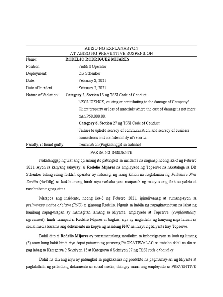 Abiso NG Explanasyon at Preventive Suspension - Rodelio Mijares | PDF