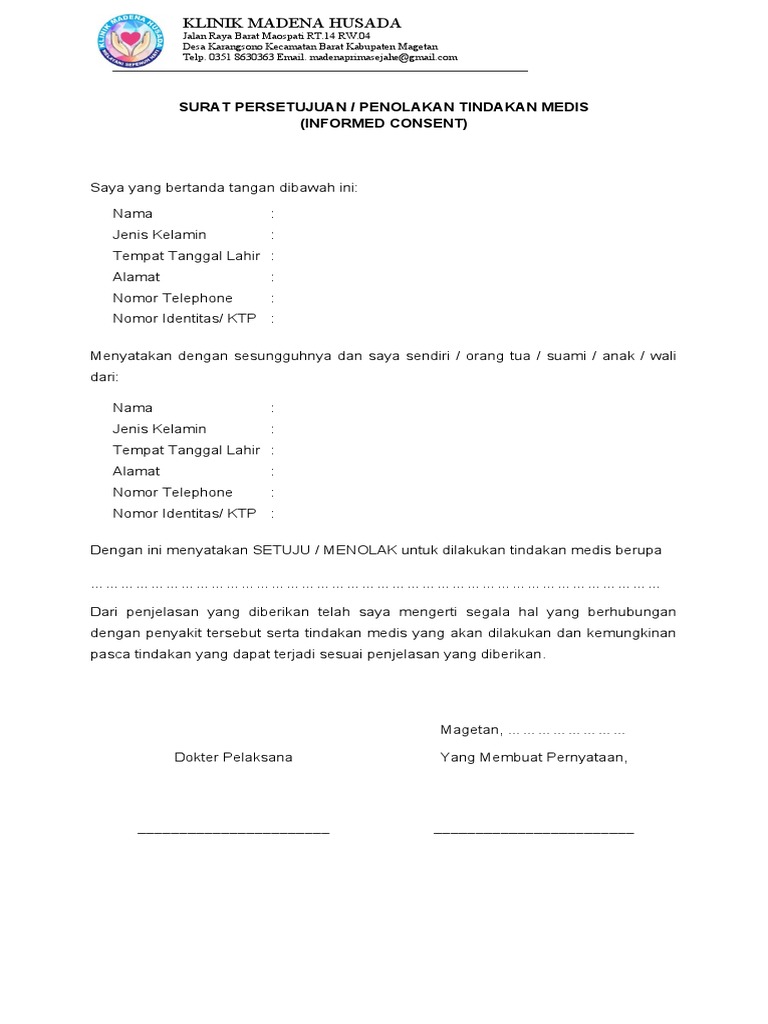 Surat Persetujuan Tindakan Medis Klinik | PDF | Hukum | Gaya Hidup