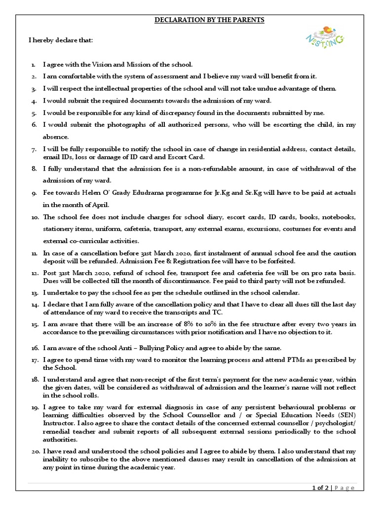 Declaration by The Parents NS | PDF | Fee | Human Nature