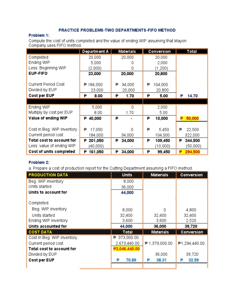 Practice Problems-Two Departments-Fifo Method | PDF | Inventory ...