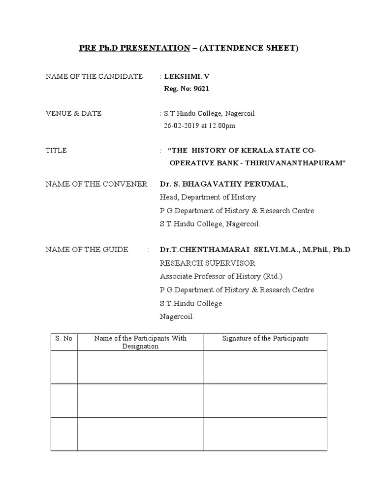 Pre-Ph.D Attentance Sheet Lekshmi | PDF