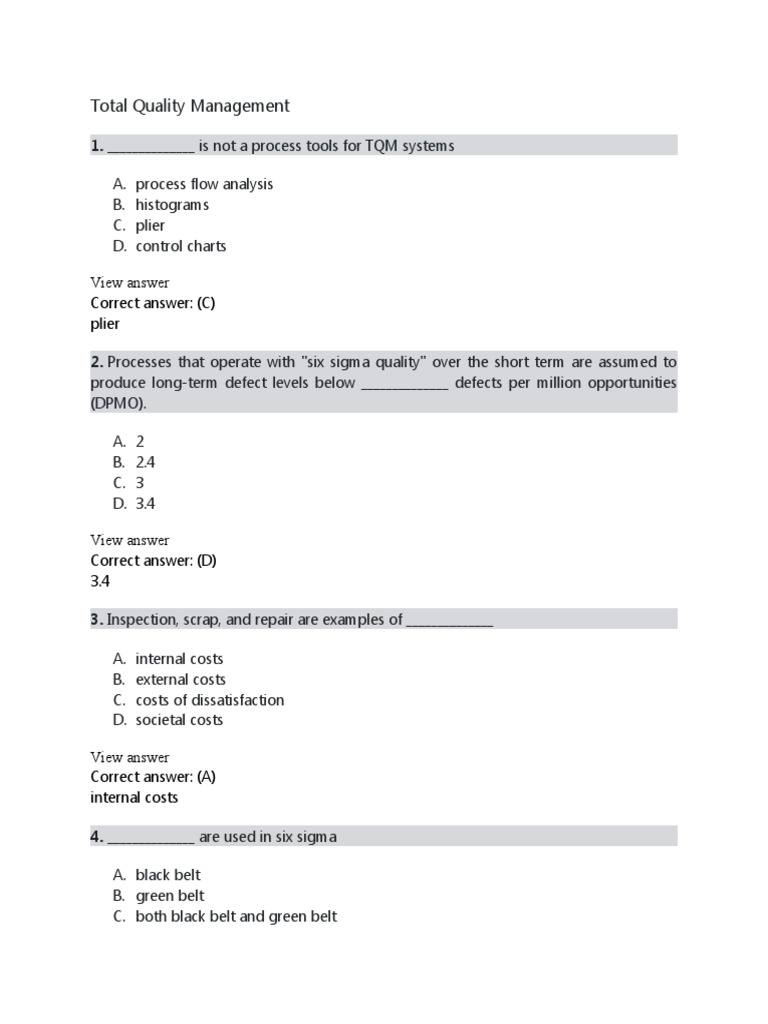 Total Quality Management MCQ's | PDF | Six Sigma | Quality Management