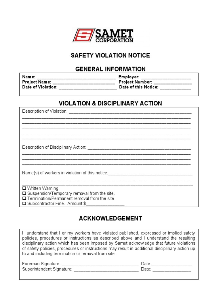 Samet Safety Violation Notice | PDF
