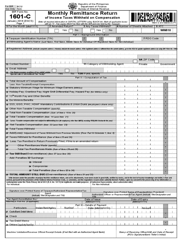 Monthly Remittance Return: of Income Taxes Withheld On Compensation ...