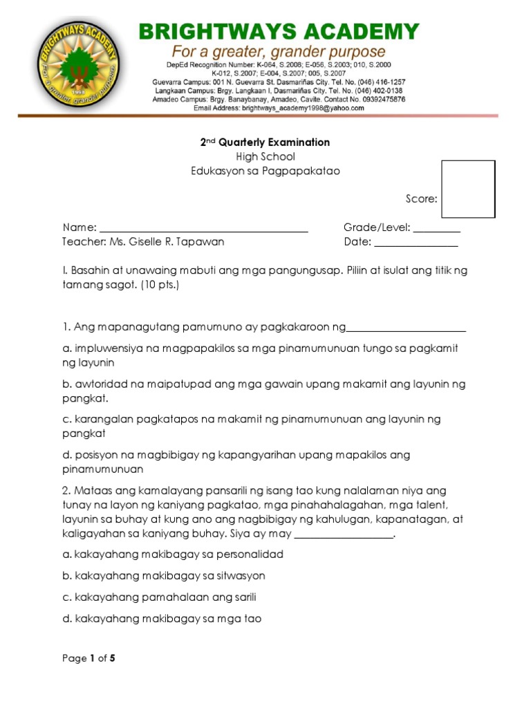 2nd Quarter ESP High School Exam | PDF