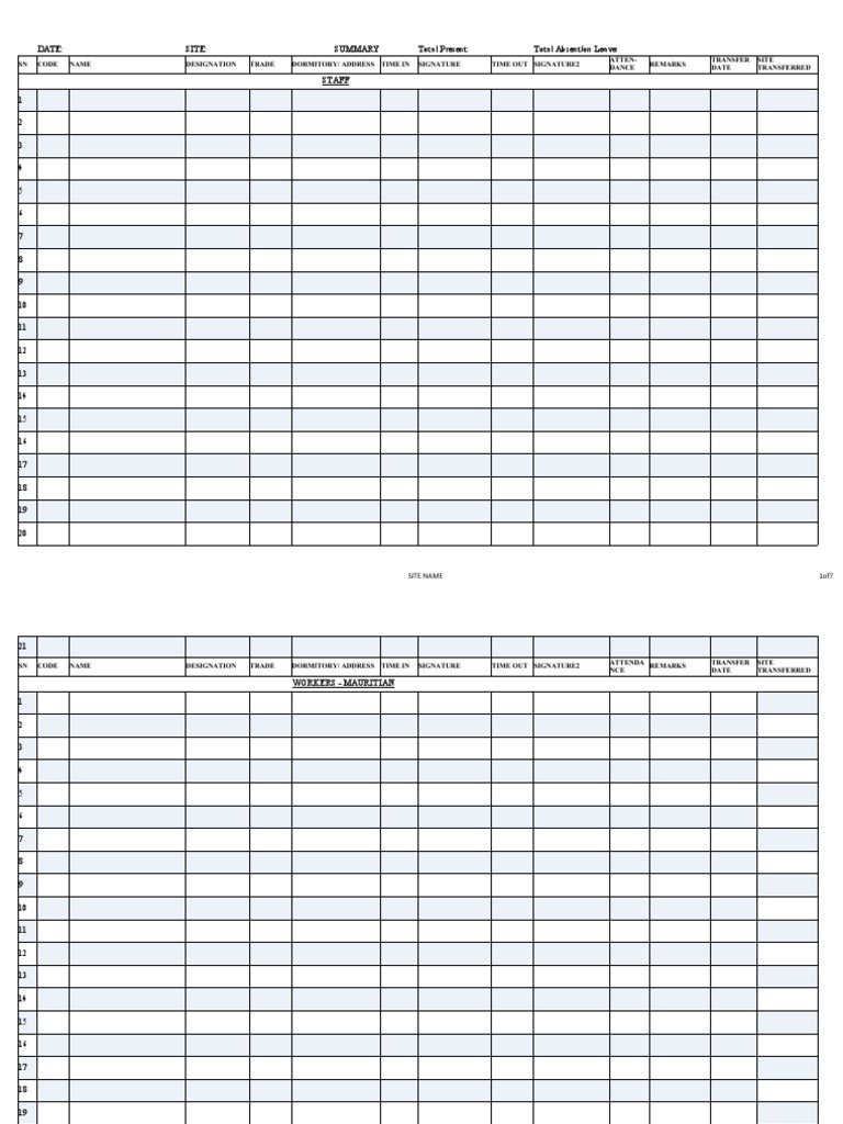 Daily Attendance Sheet for Workers | PDF