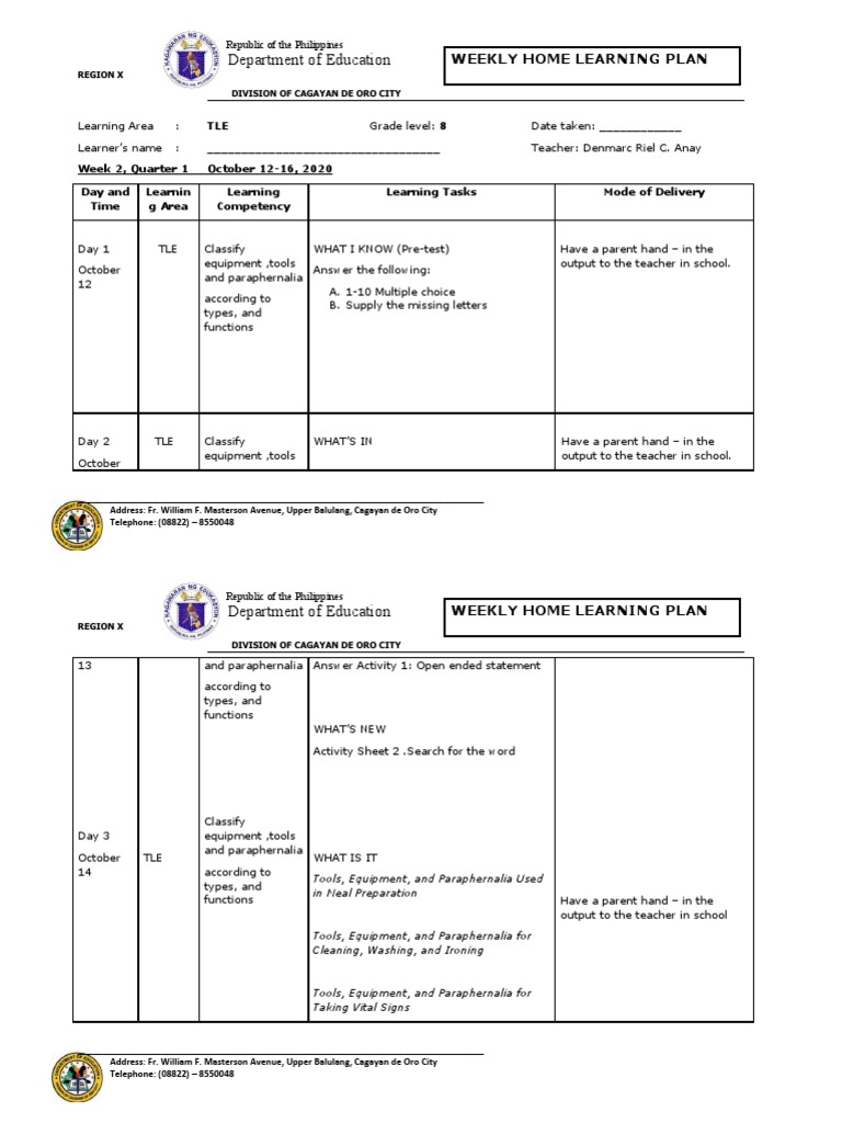 Department of Education: Weekly Home Learning Plan | PDF | Teaching | Behavior Modification