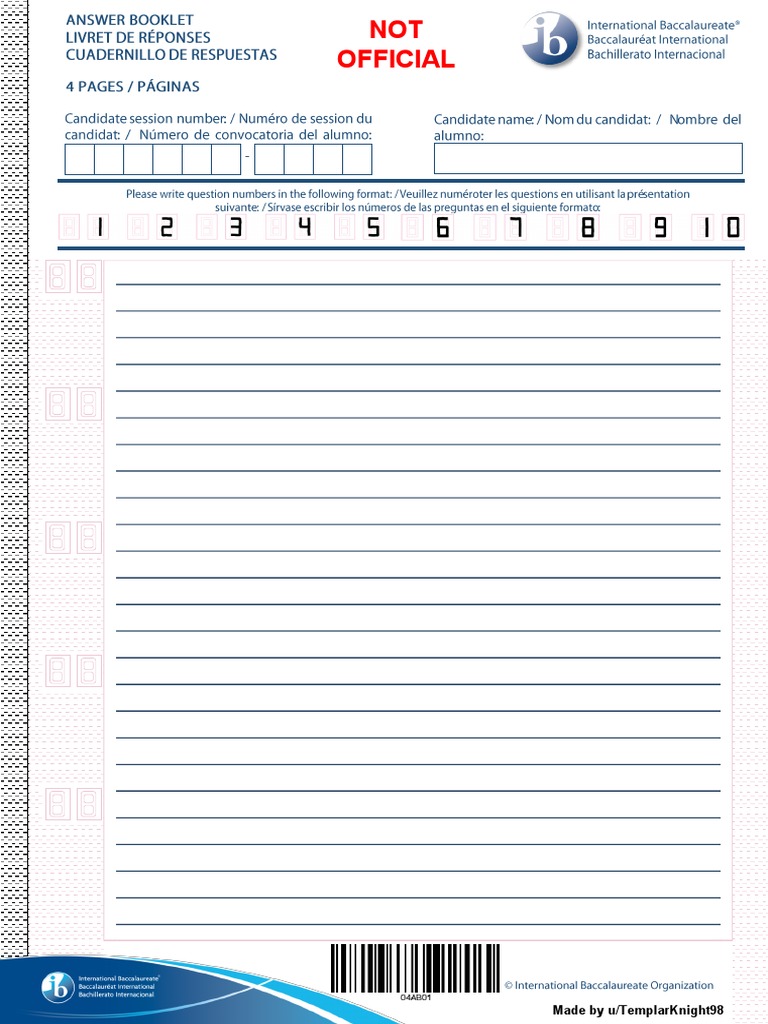 IB Answer Booklet 1 - 4 Pages | PDF