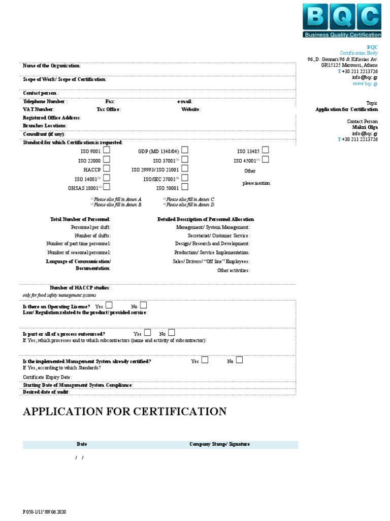 ISO Certification Application Form | PDF | International Organization ...