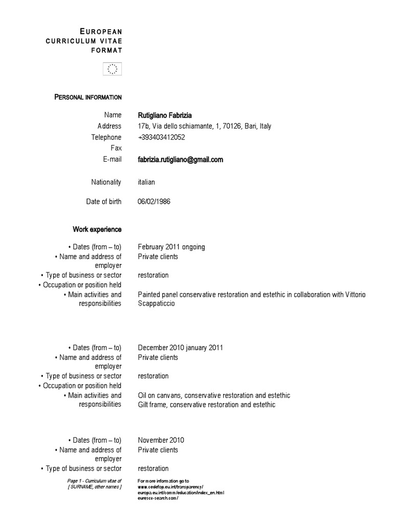 Uropean Curriculum Vitae Format: Ersonal Information | PDF | Rome