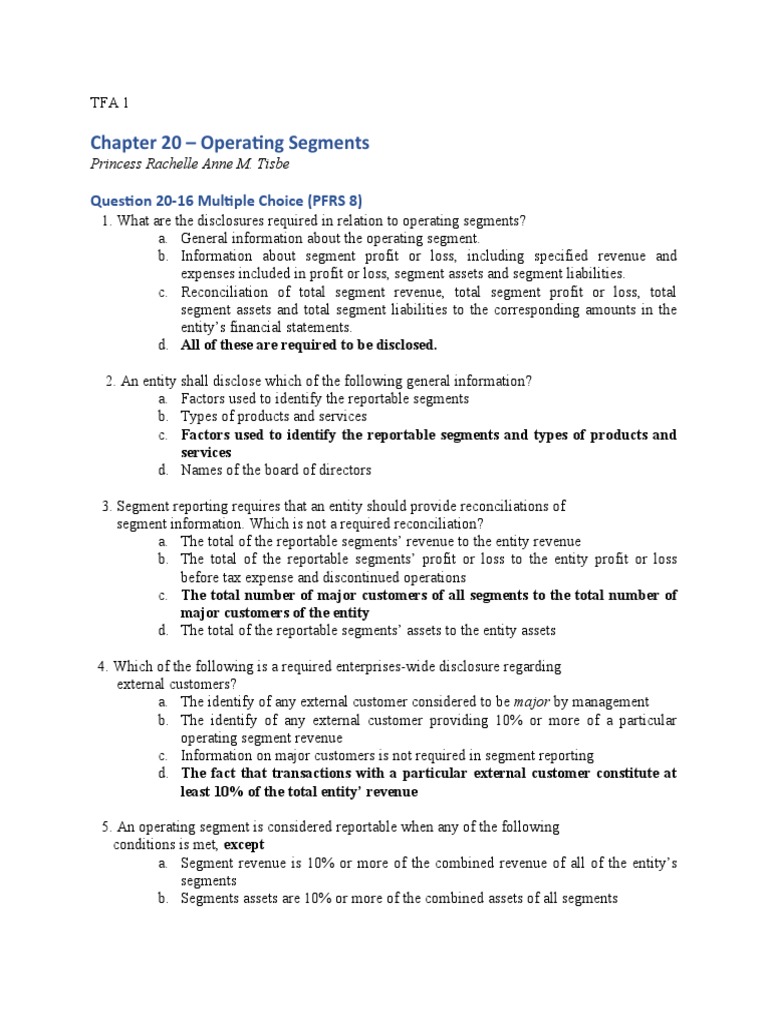 Chapter 20 - Operating Segments: Question 20-16 Multiple Choice (PFRS 8) | PDF | Revenue ...