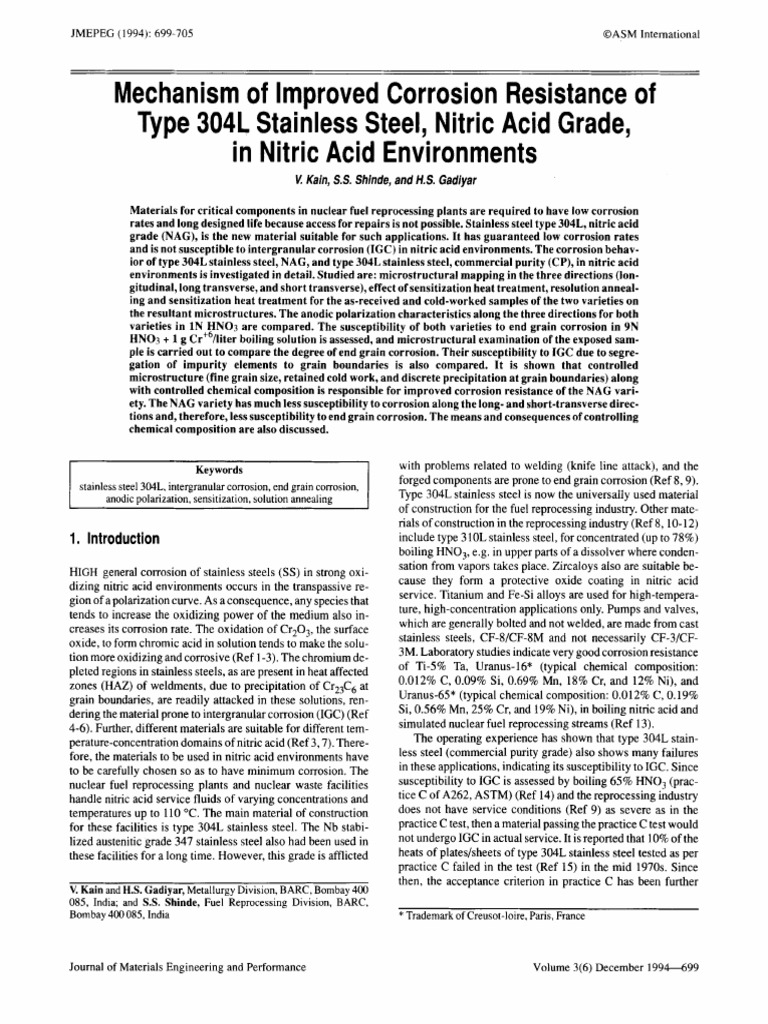 Mechanism of Improved Corrosion Resistance of Type 304L Stainless Steel, Nitric Acid Grade, in ...