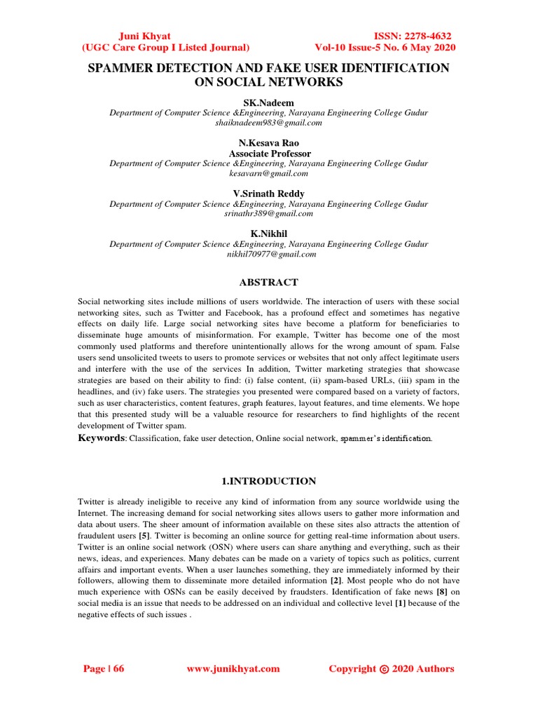 Spammer Detection and Fake User Identification On Social Networks | PDF | Spamming | Statistical ...