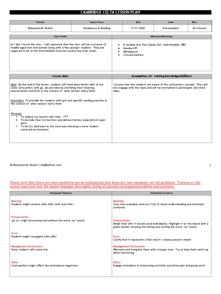 Cambridge Celta Lesson Plan: Teacher Lesson Focus Date Level Mins | PDF ...
