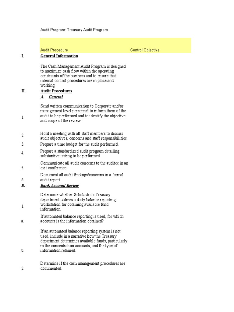 I. General Information: Audit Program: Treasury Audit Program | PDF ...