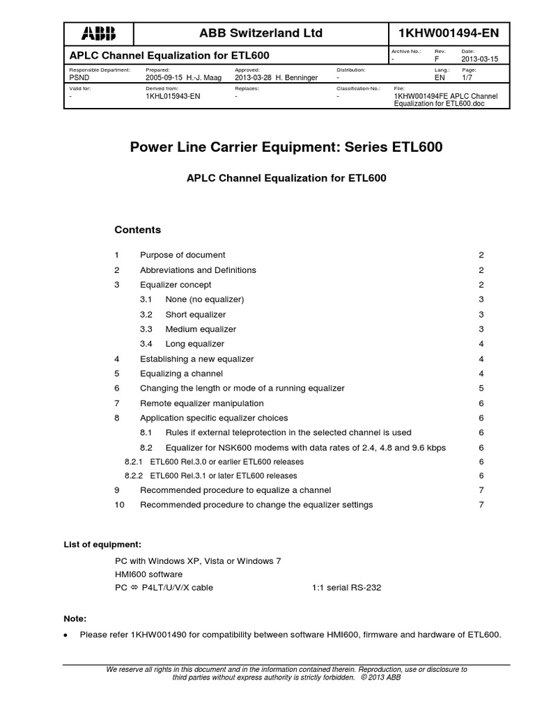 1KHW001494FE APLC Channel Equalization For ETL600 | PDF