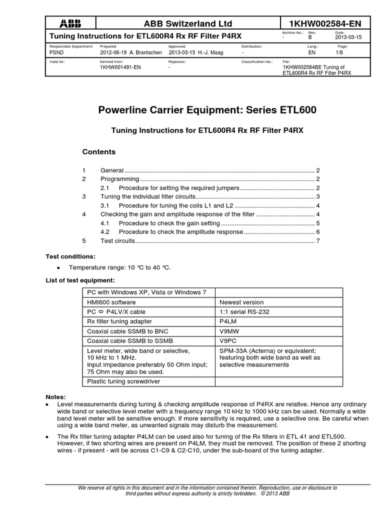 1khw002584be Tuning of Etl600r4 RX RF Filter p4rx | PDF | Inductor ...