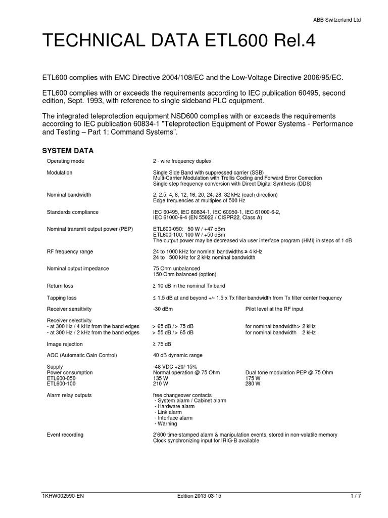 ETL600 Technical Data Overview | PDF | Bandwidth (Signal Processing ...
