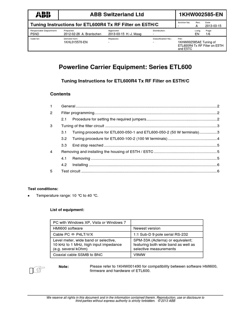 1khw002585ae Tuning of Etl600r4 TX RF Filter On E5th and E5tc | PDF ...