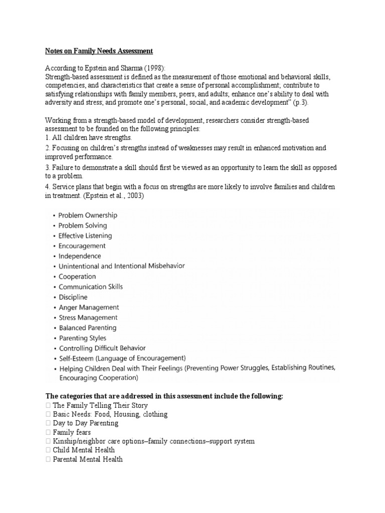 Notes On Family Needs Assessment | PDF | Family | Mental Health