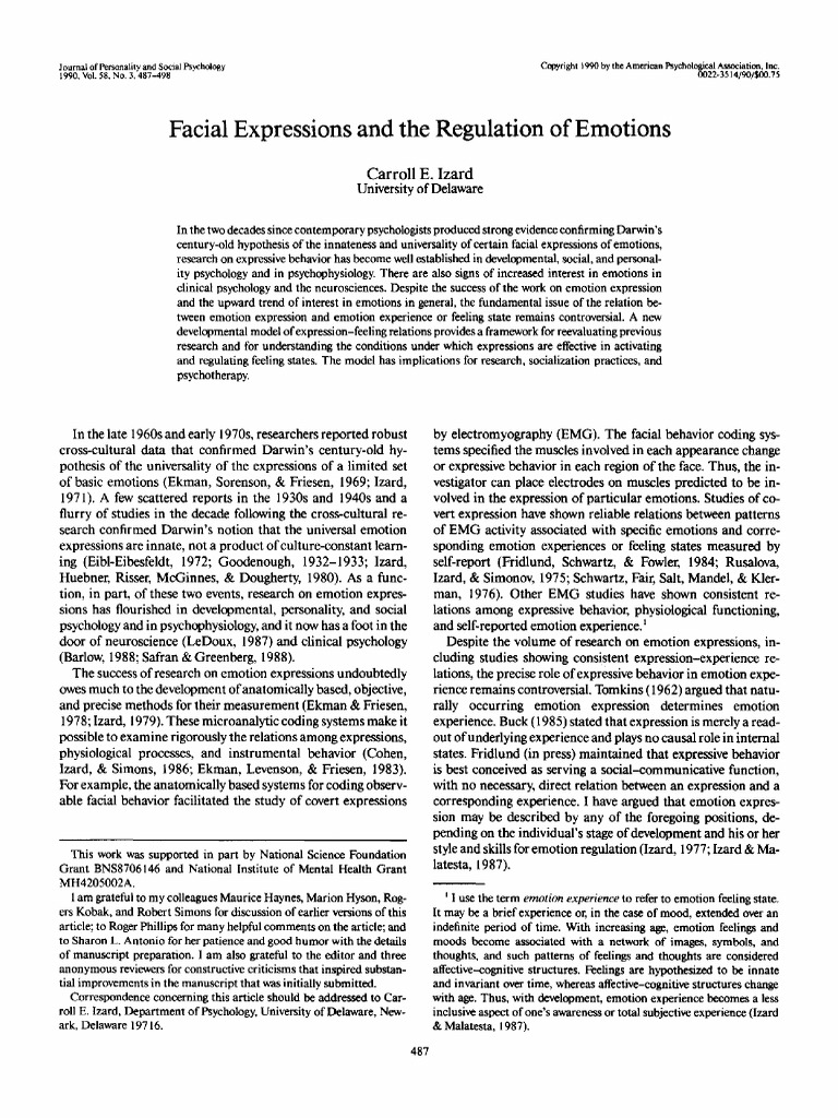 Facial Expressions and The Regulation of Emotions: Carroll E. Izard ...