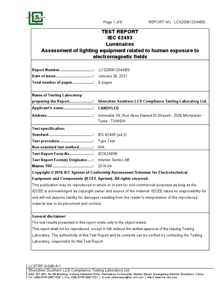 Test Report IEC 62493 Luminaires Assessment of Lighting Equipment ...
