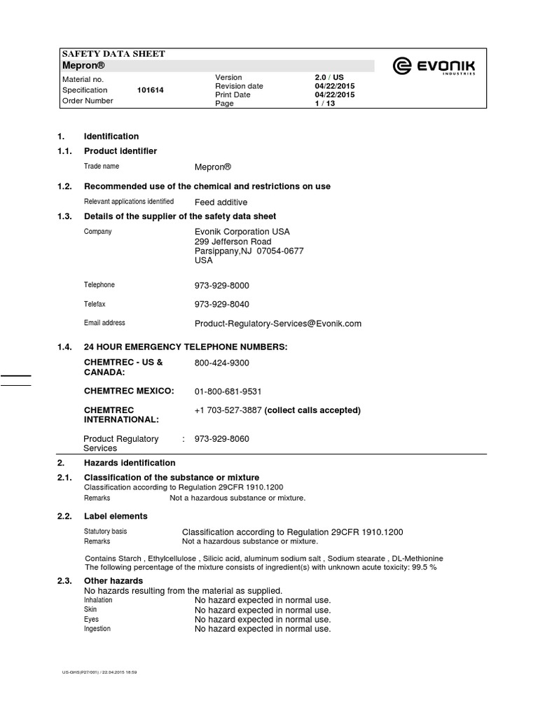 Mepron - Metionina Recubierta Pasa Rumen | PDF | Toxicity | Dangerous Goods
