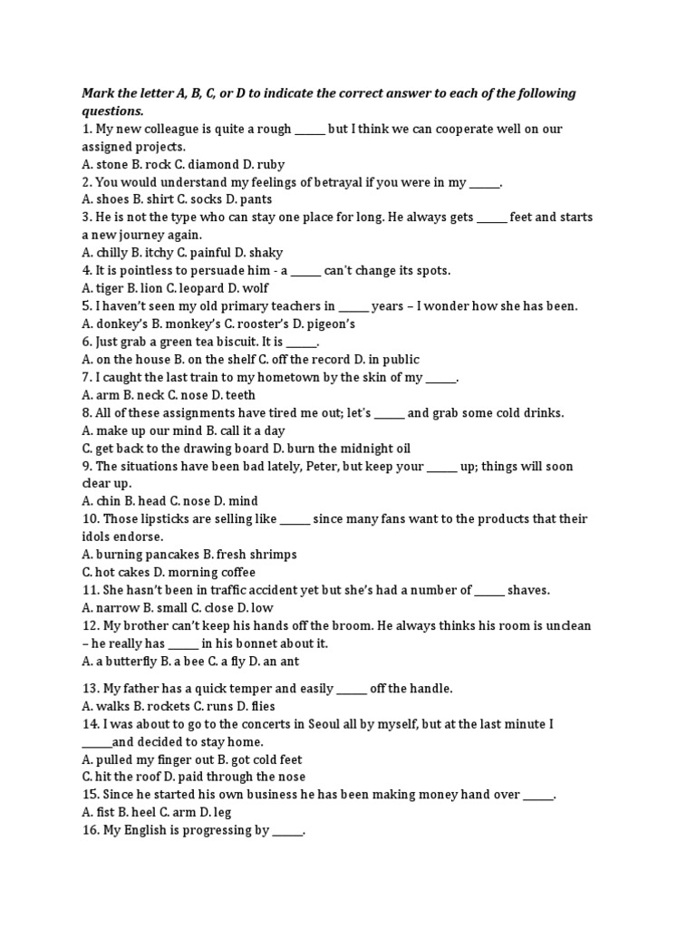 Mark The Letter A, B, C, or D To Indicate The Correct Answer To Each of The Following Questions ...