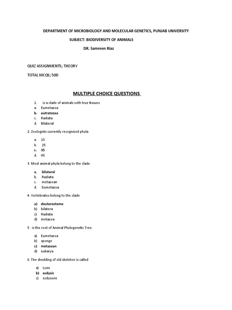 Biodiversity Quiz Theory | PDF | Zoology | Biology