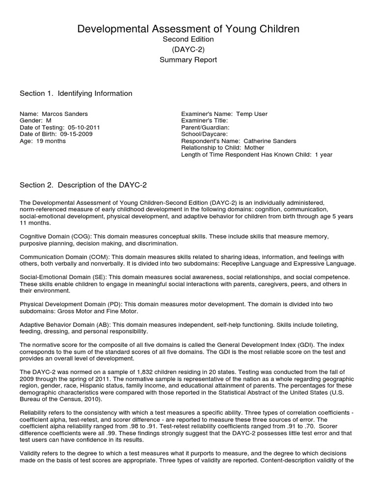 DAYC-2 Assessment Report Summary | PDF | Child Development | Relationships