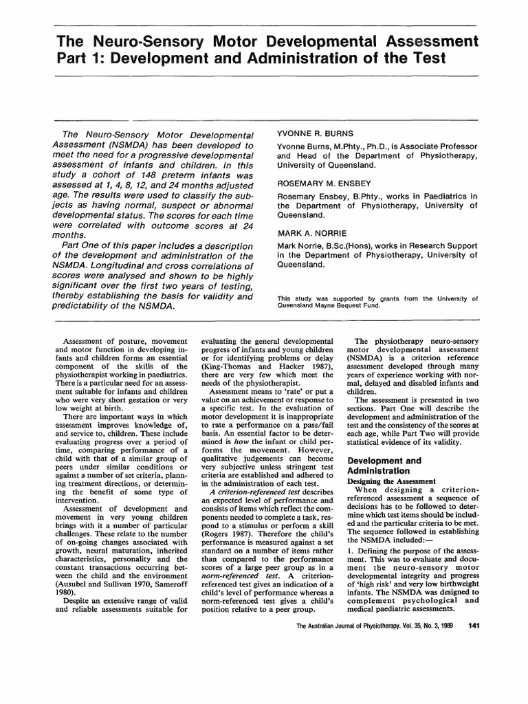 Neuro-Sensory Motor Development Assessment | PDF | Physical Therapy ...