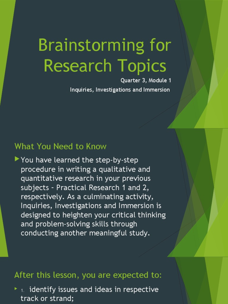 Research Topic Brainstorming Guide | PDF | Question | Qualitative Research