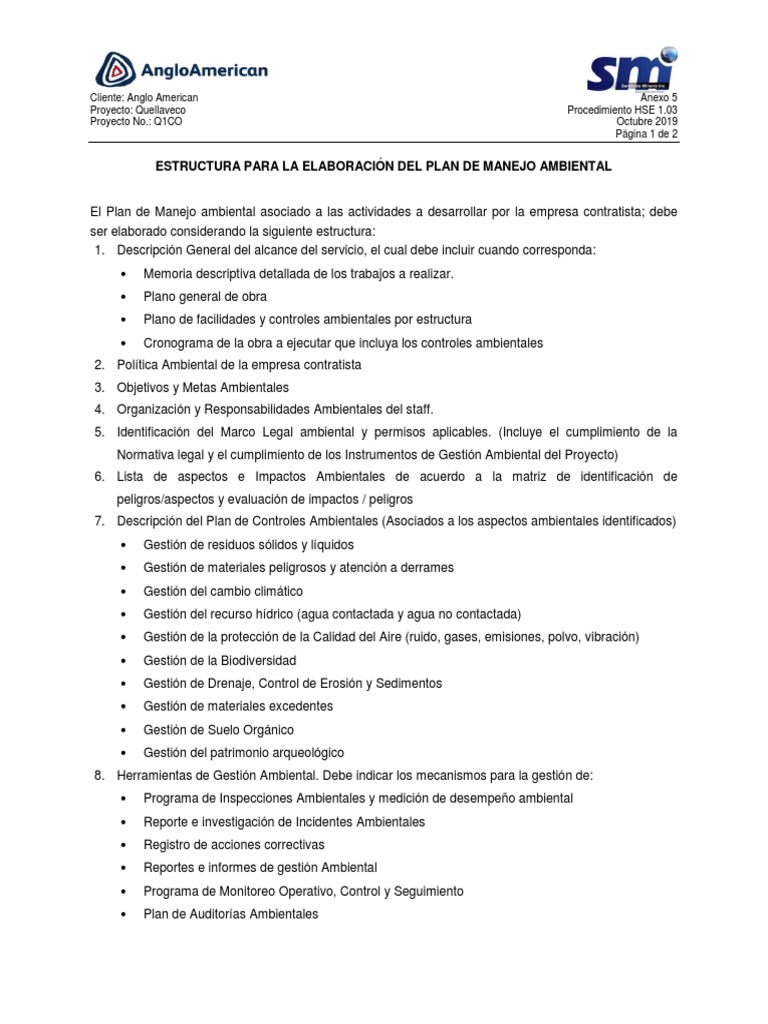 Estructura del Plan de Manejo Ambiental | PDF | Gestión de recursos ...