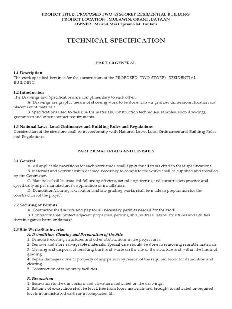 Technical Specification: A. Demolition, Clearing and Preparation of The ...