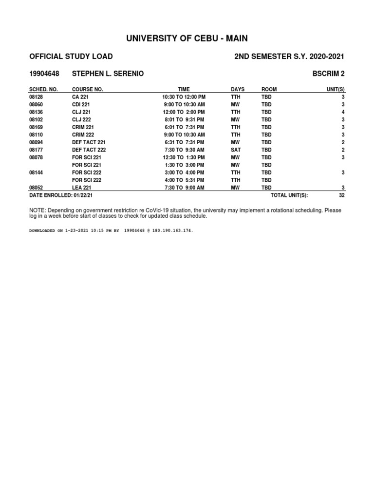 University of Cebu - Main: Official Study Load 2ND SEMESTER S.Y. 2020 ...