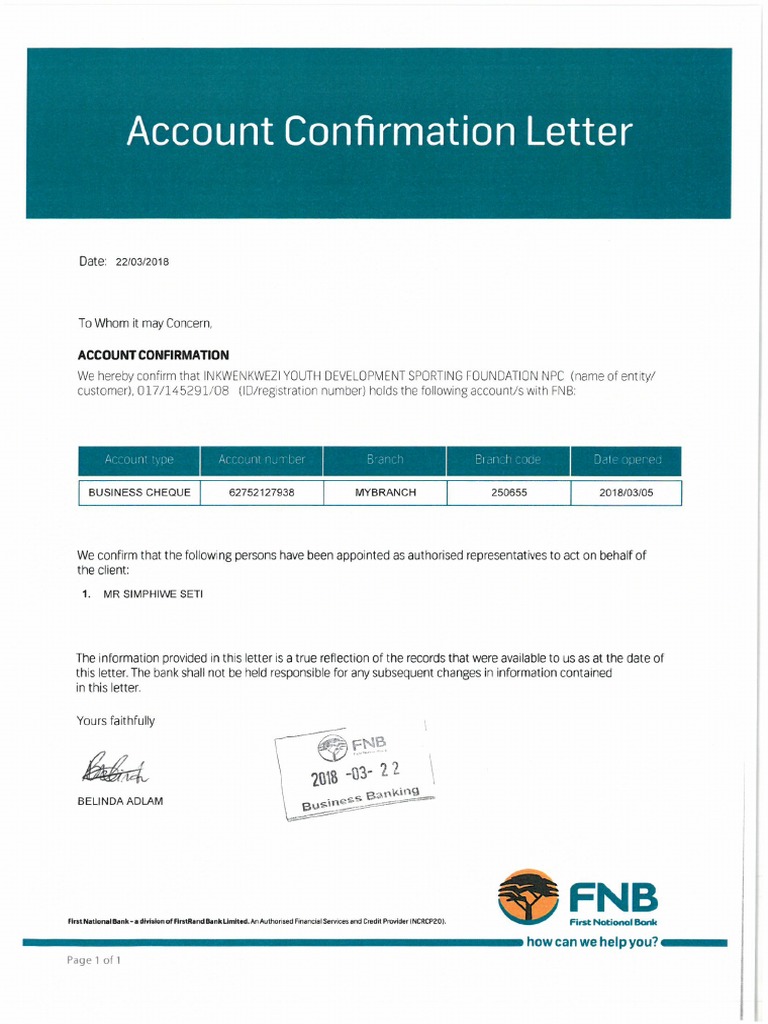 FNB Confirmation Letter | PDF