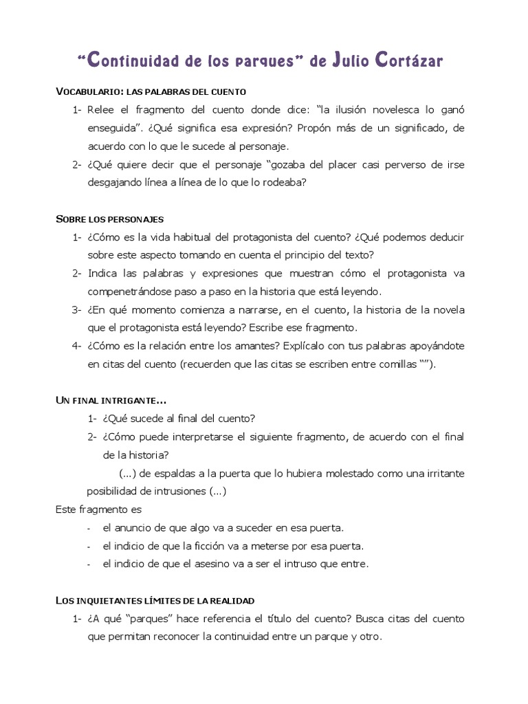 Cuento Continuidad de Los Parques, Cortázar | PDF
