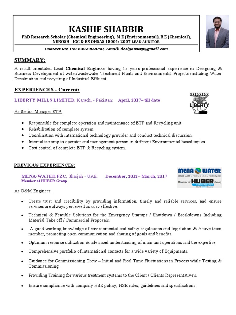 KASHIF SHABBIR - Chemical Engineer - Resume | PDF | Sewage Treatment | Environmental Engineering