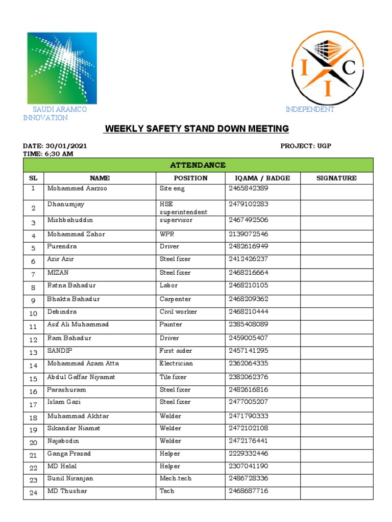 Weekly Safety Stand Down Meeting | PDF