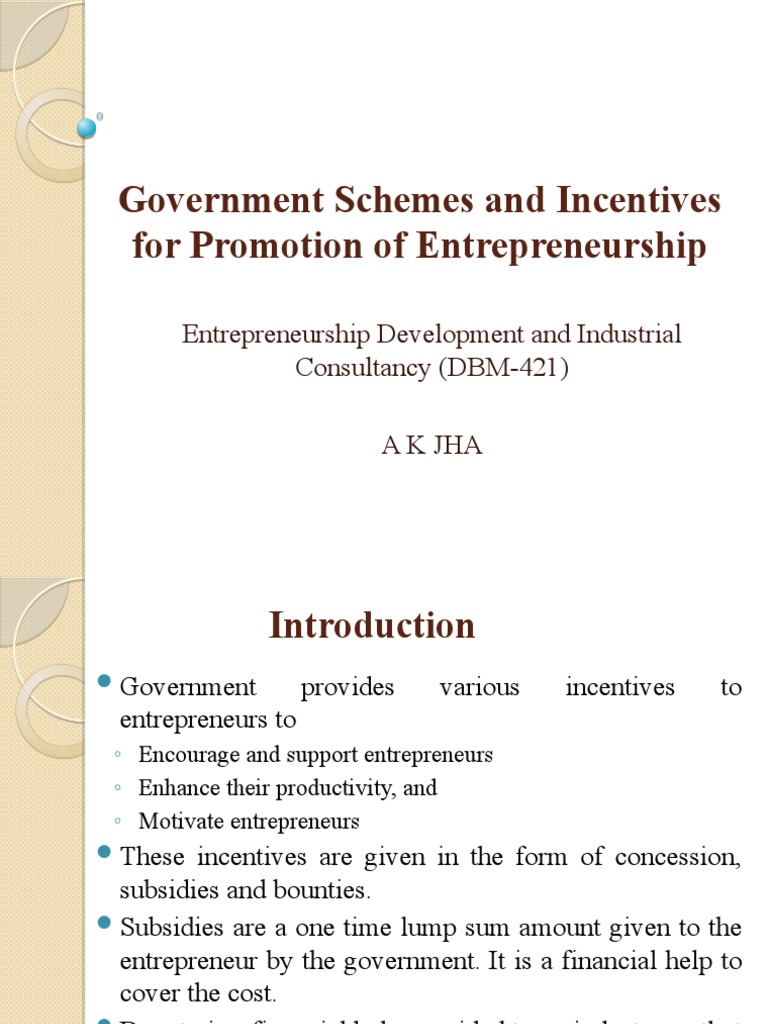 Government Schemes and Incentives For Promotion of Entrepreneurship ...